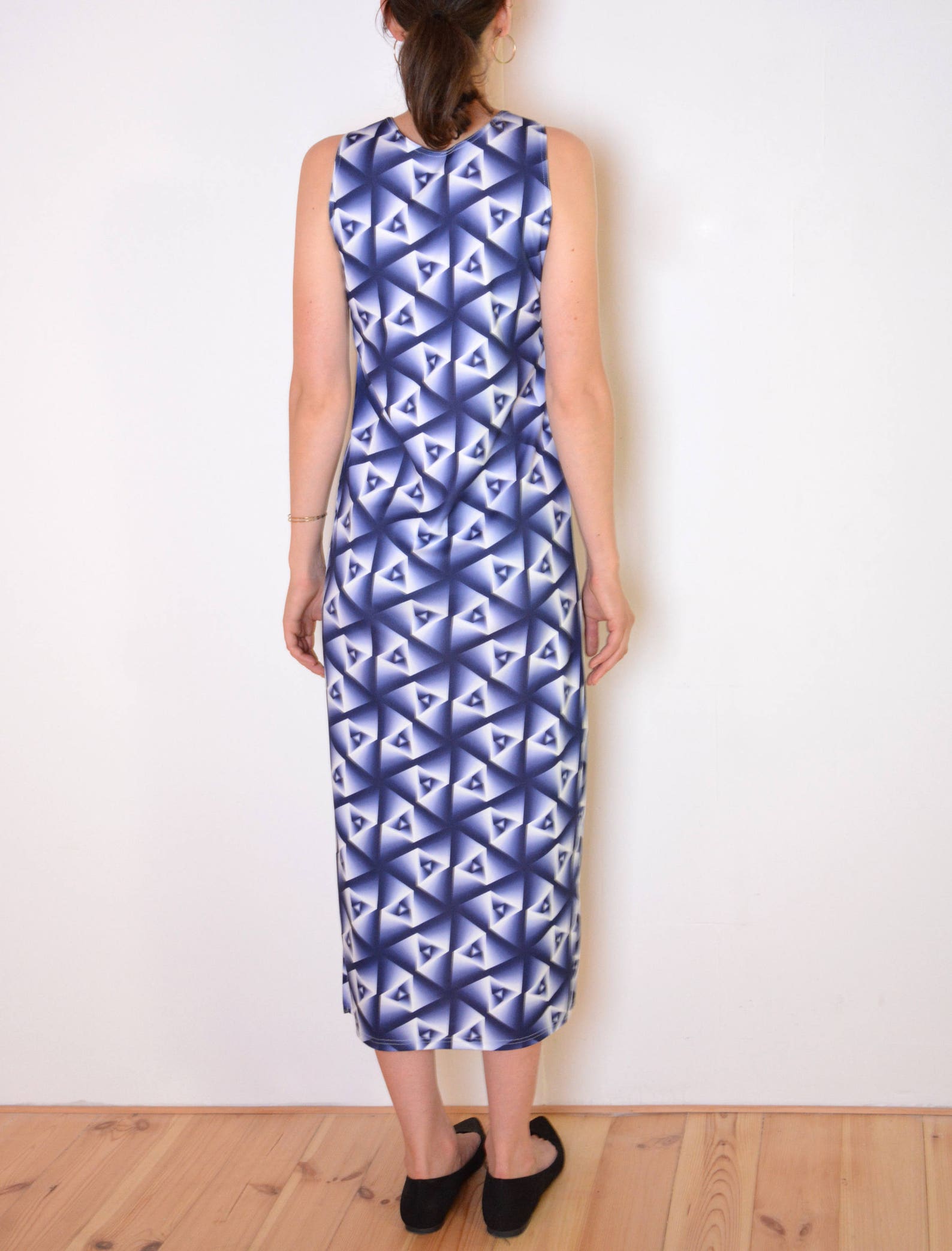 90's Hypnotic Print Lycra Dress, Long Maxi Midi Dress, Blue White ...