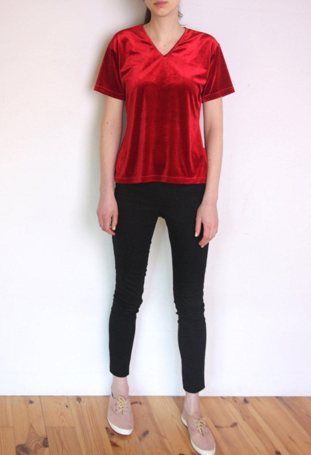 90's Red Velvet T Shirt, Red Velvet Blouse, Grunge Blouse, Red V Neck T ...