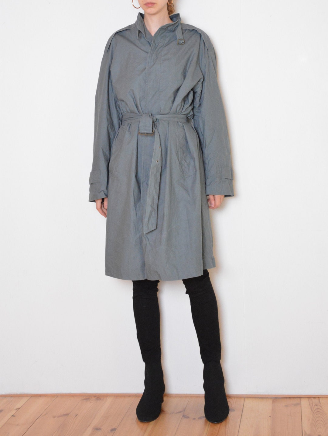 90's Blue Gray Coat, Buckle Detail Retro Vintage Classic Knee Length ...