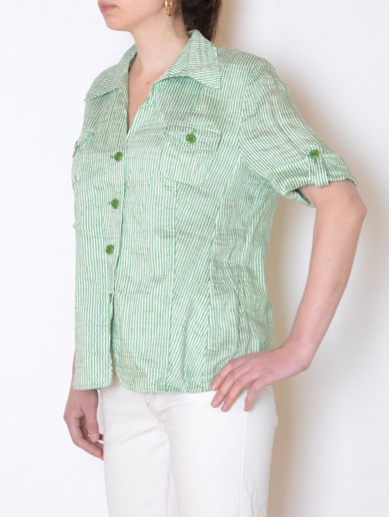 90's Basler Striped Flax Blouse Green and White Short - Etsy