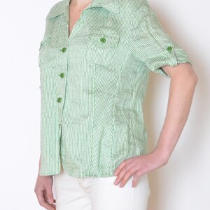 90's Basler Striped Flax Blouse, Green and White Short Sleeves Top ...