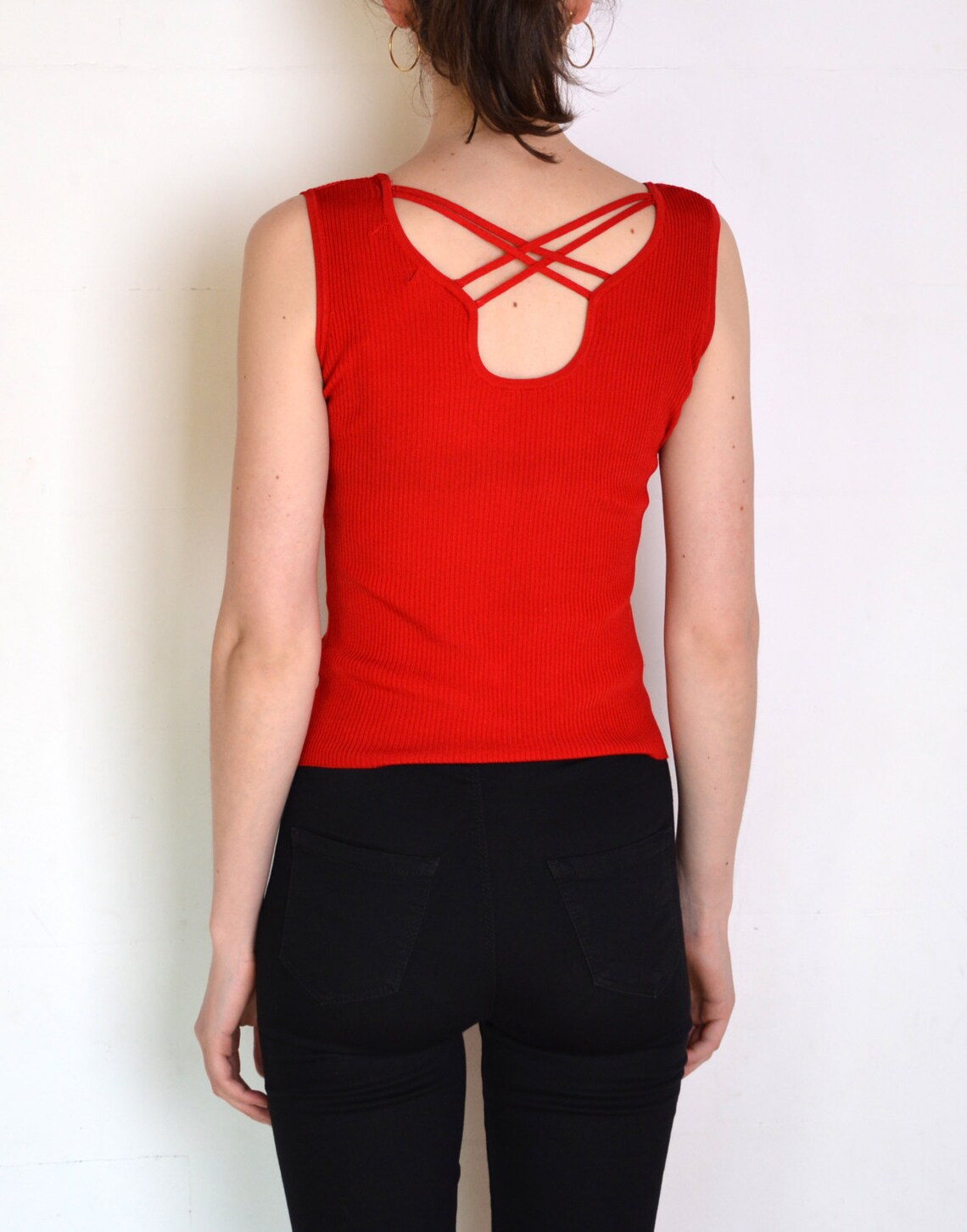 90's Red Ribbed Crossed Straps Blouse Textured Blouse | Etsy