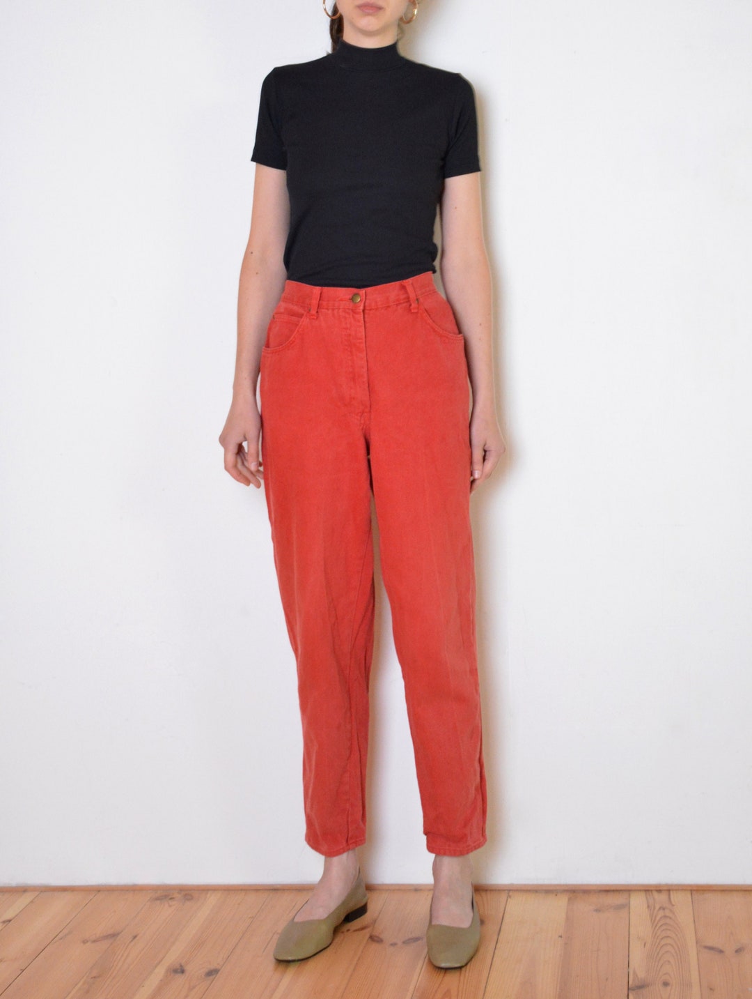 90's Red Denim Pants, Tapered Cropped Jeans, Mom Jeans, Grunge Vintage ...