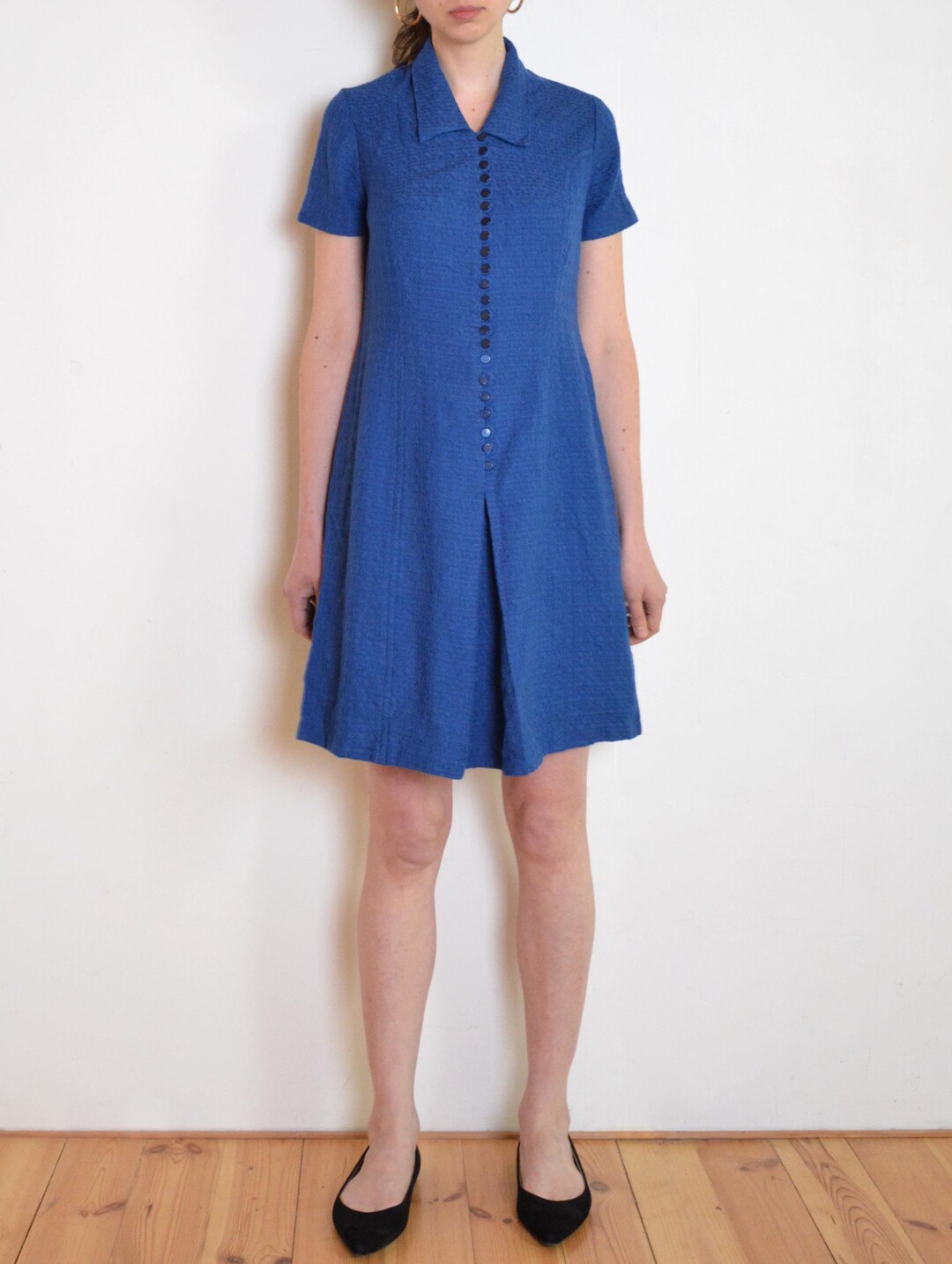 70s Blue Wool Dress With Multiple Buttons, Retro Vintage Dress Medium ...