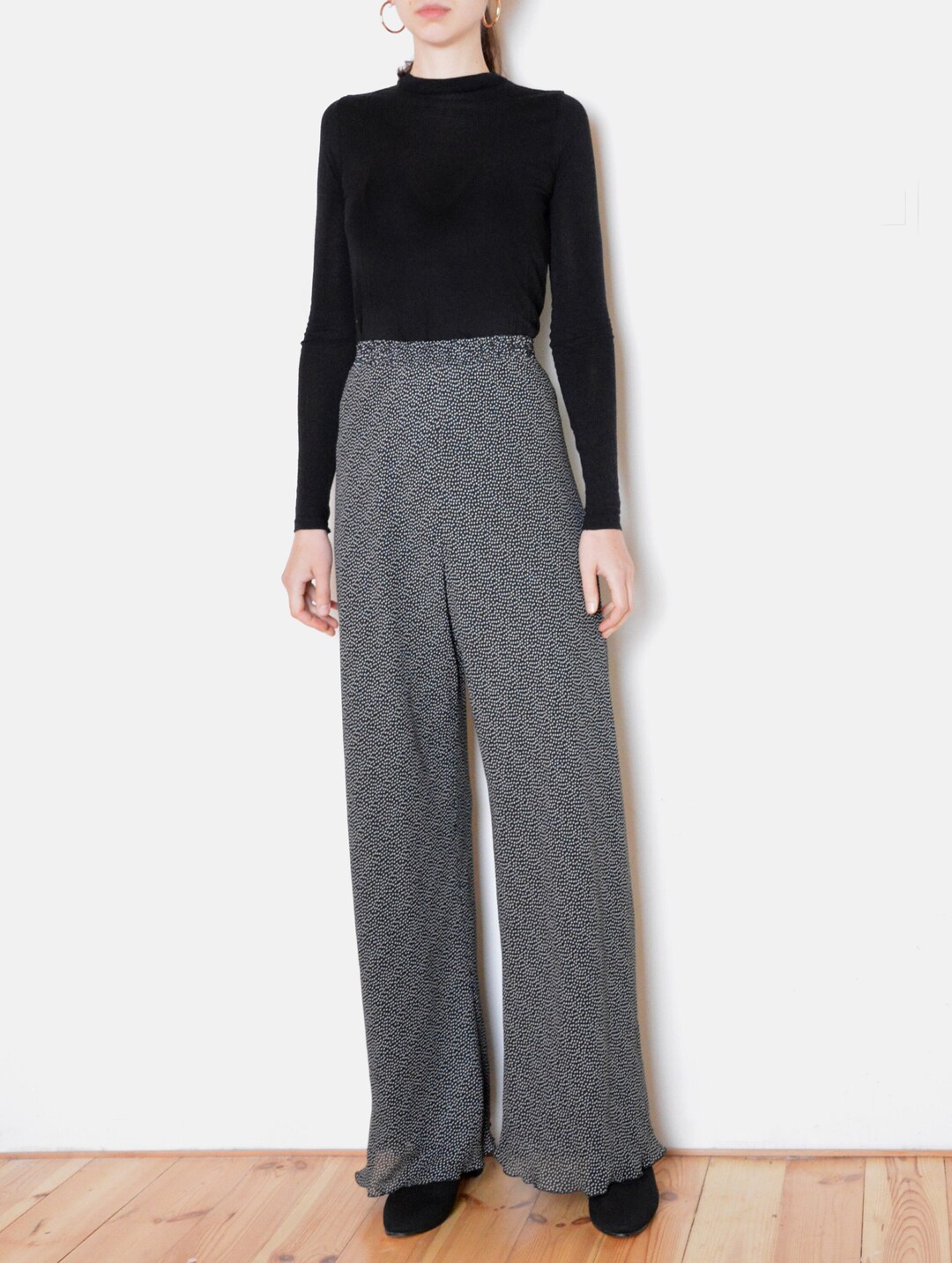 90's Danish Polka Dot Pants, Wide Black and White Chiffon Palazzo Pants ...