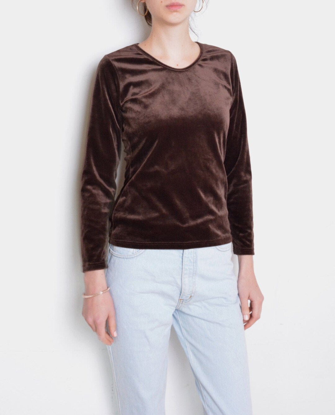 90's Chocolate Brown Velvet Blouse, Simple Vintage Grunge Blouse Size ...