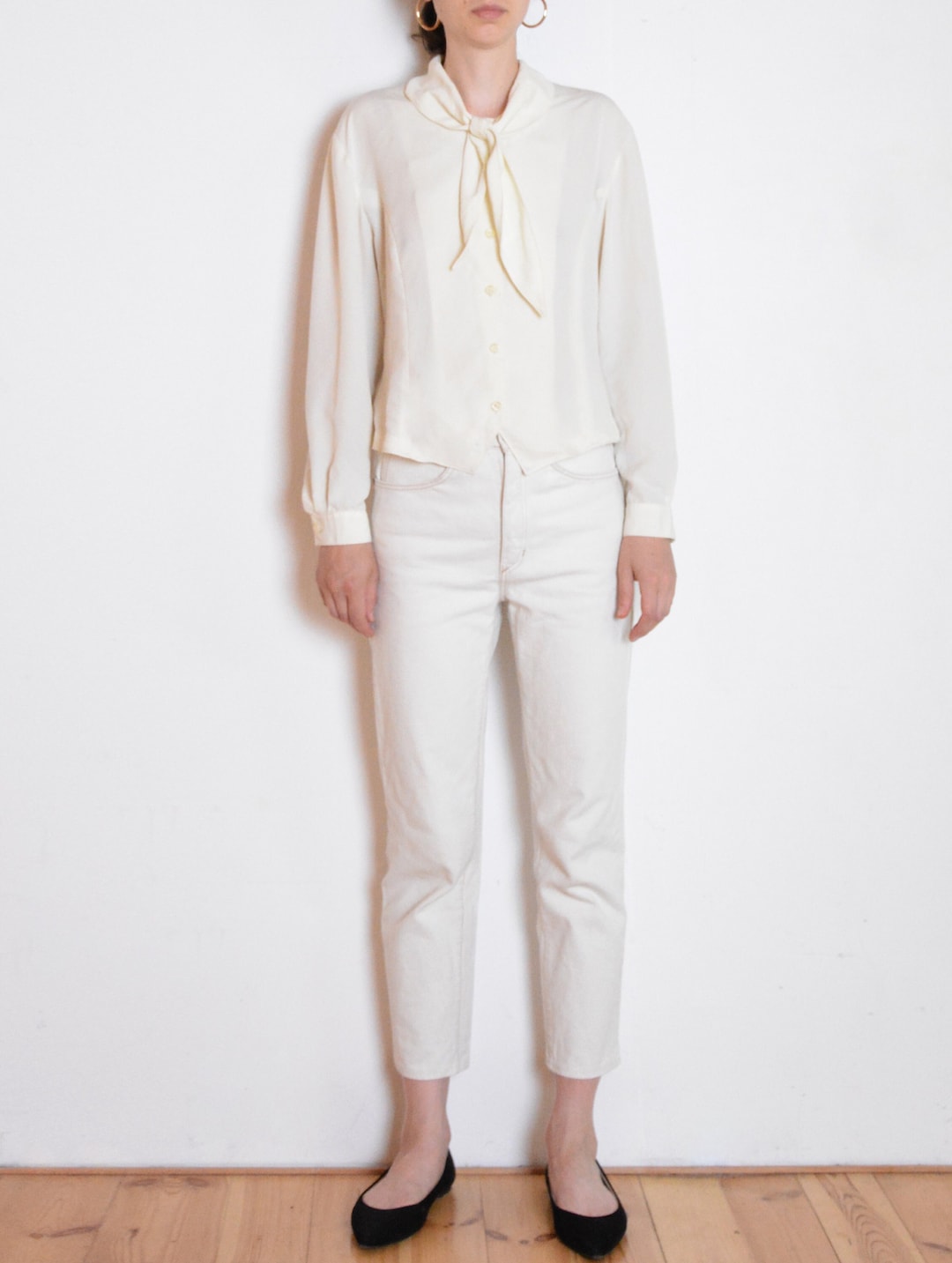 80's Cream White Bow Tie Blouse, Retro Preppy Blouse, Vintage Medium ...