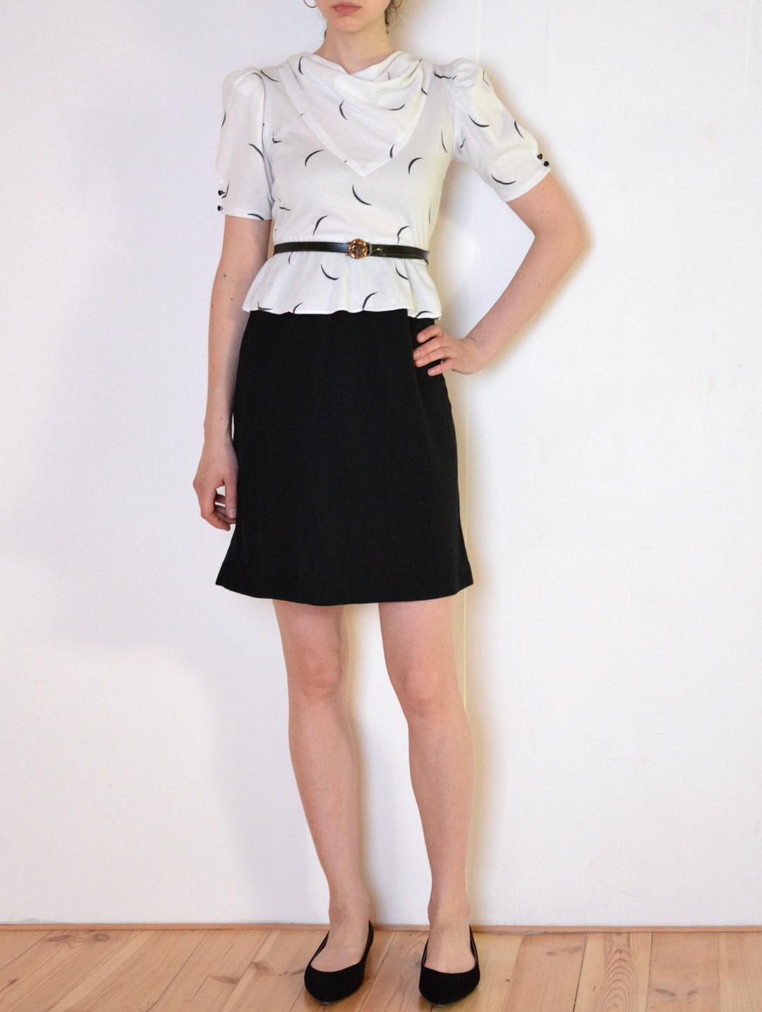 80's Half Moon Print Dress, Colorblock Geometric Black and White Print ...