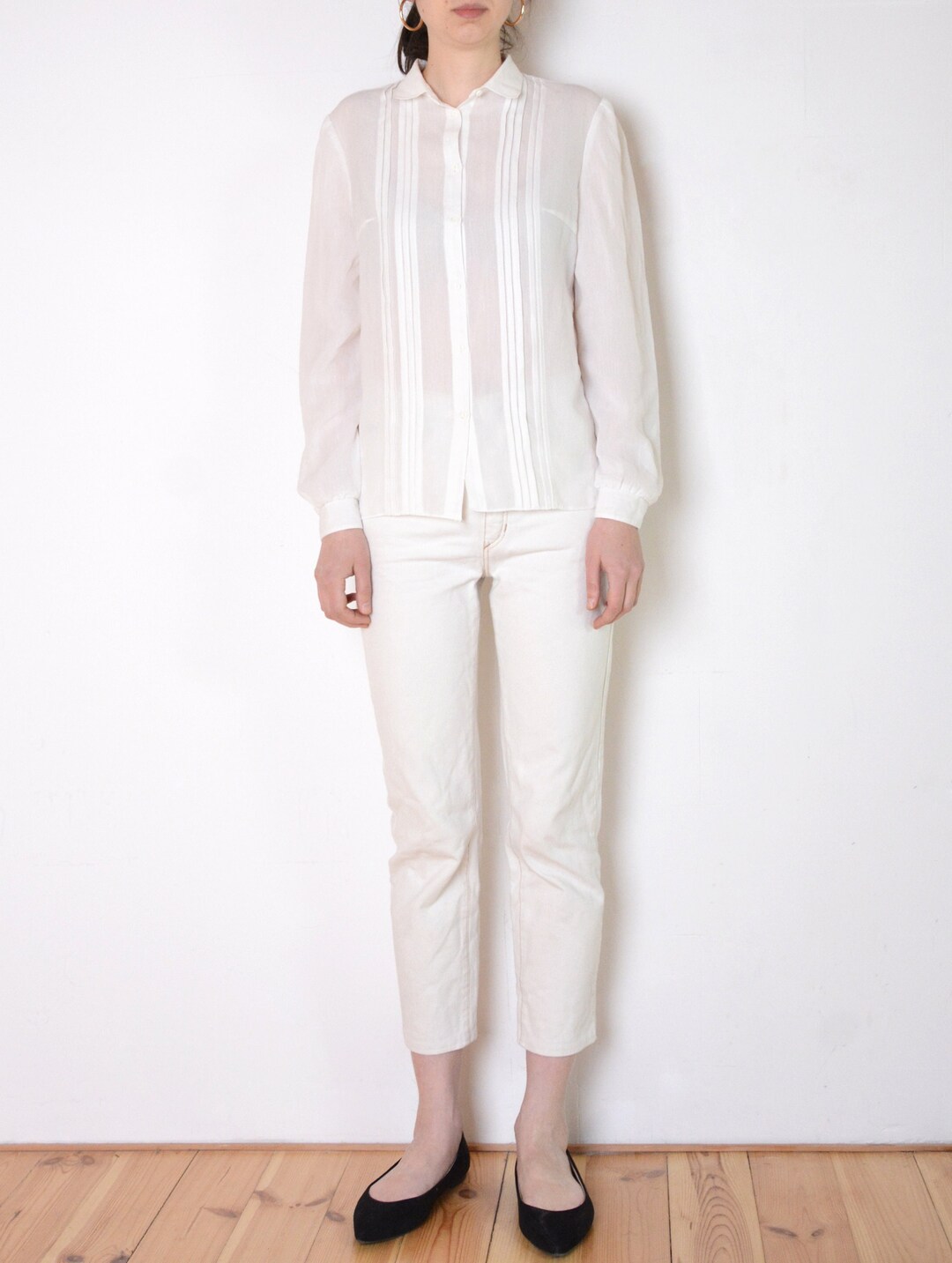 70's White Pleat Front Blouse, White Retro Shirt, Preppy Vintage Blouse ...