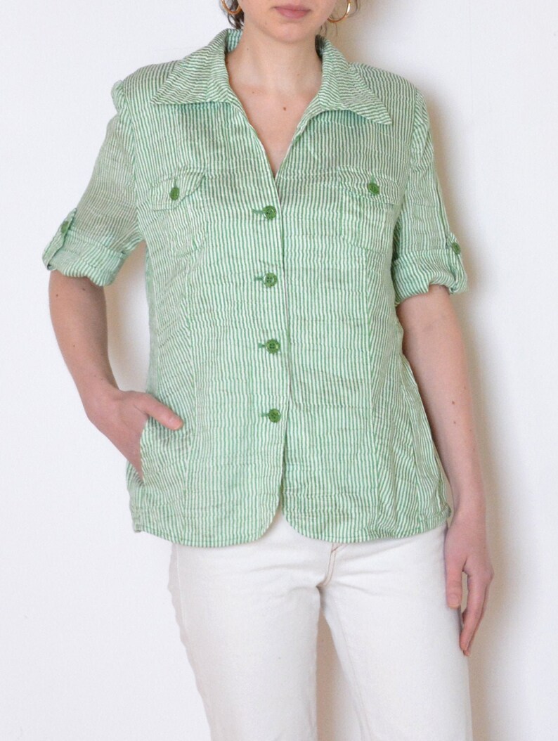 90's Basler Striped Flax Blouse Green and White Short - Etsy