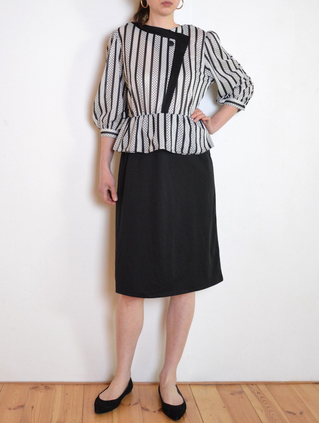 80's Black and White Print Dress, Retro Midi Dress With Basque Bodice ...