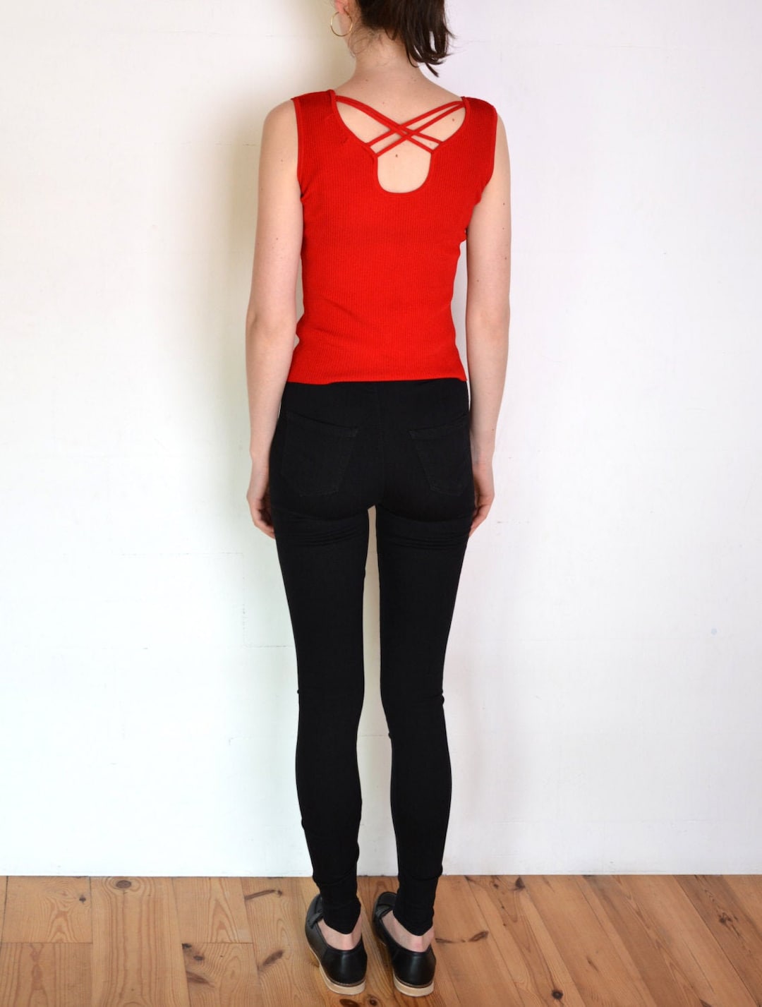 90's Red Ribbed Crossed Straps Blouse, Textured Blouse, Knitted Cutout ...