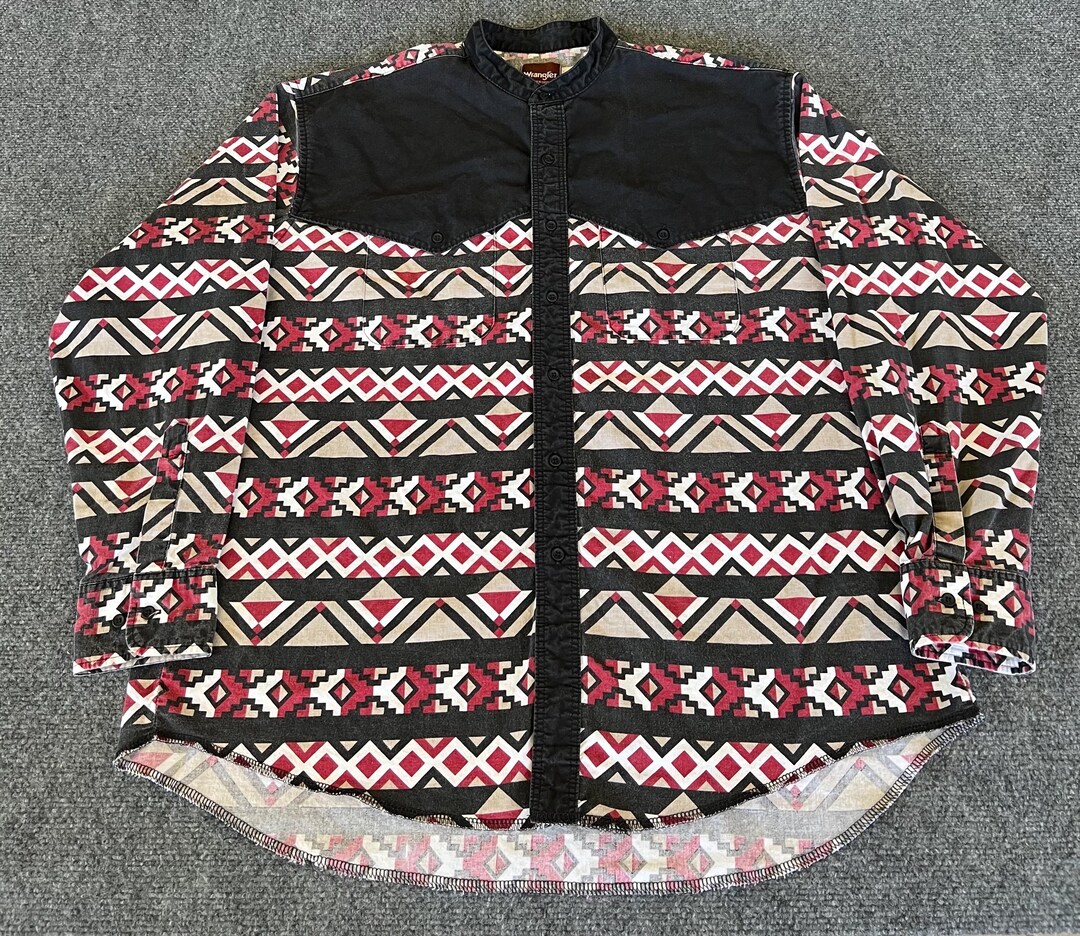 Wrangler VTG 90s Western Shirt Black Red Aztec Yoke Pocket Band Collar ...