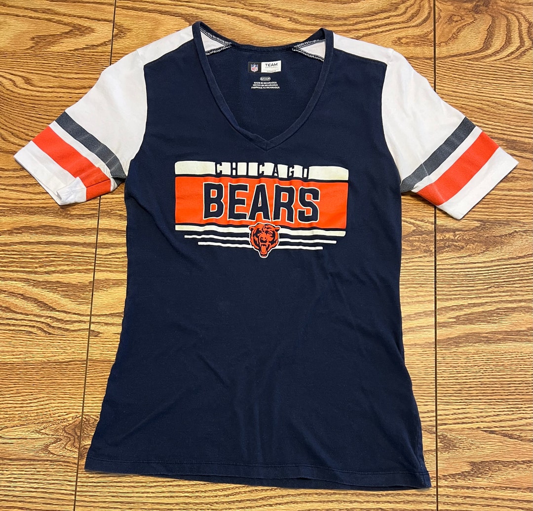 Chicago Bears Womens T-shirt V-neck Blue White Spellout Logo NFL Team ...