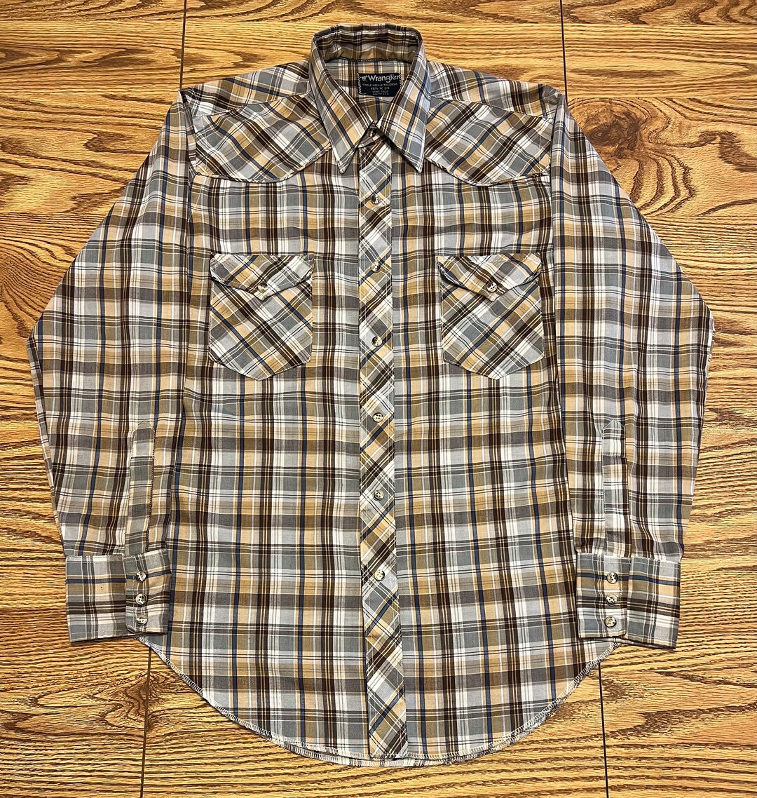 Wrangler VTG Shirt Western Long Tails Brown Plaid Snap Cotton Blend ...
