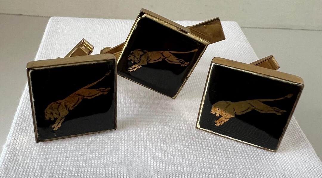 Mid Century Swank Cuff Links Tie Clasp Set Gold Tone Lion Black Enamel ...
