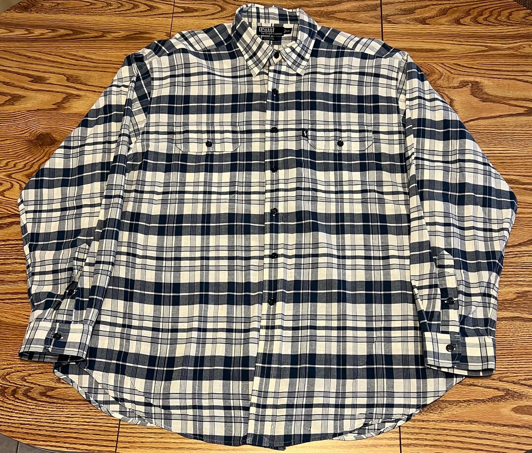 Polo Ralph Lauren VTG Cascade Shirt Blue White Madras Plaid Flap Pocket ...