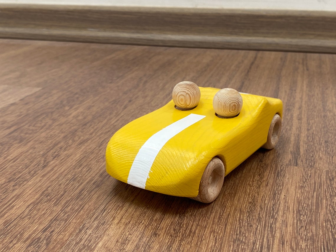 Handcrafted Wooden Yellow Car With White Stripe - Pretend Play Car Toy ...