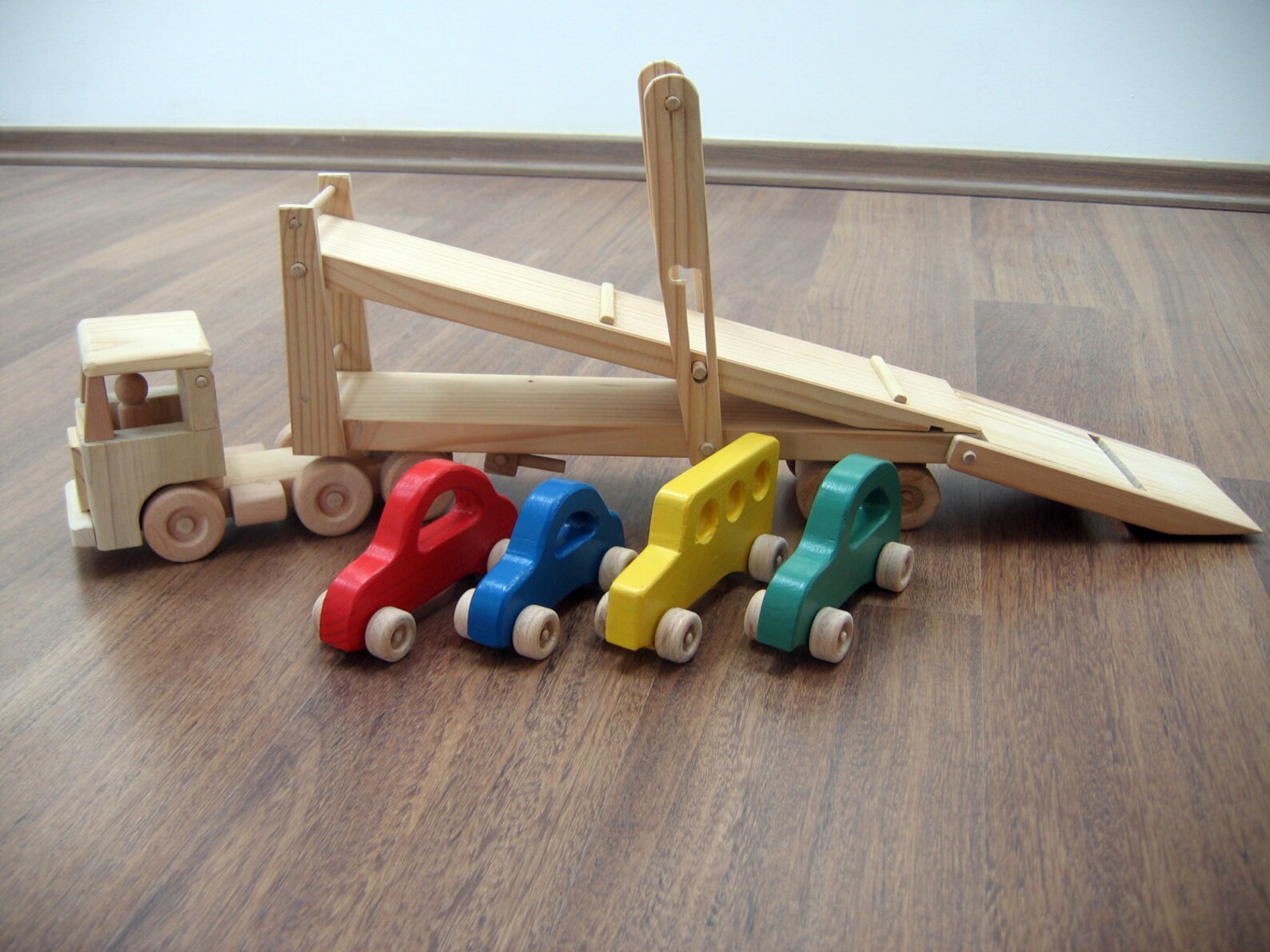 Hailey the Car Hauler - a Wooden Toy Truck With Movable Ramps - Four ...
