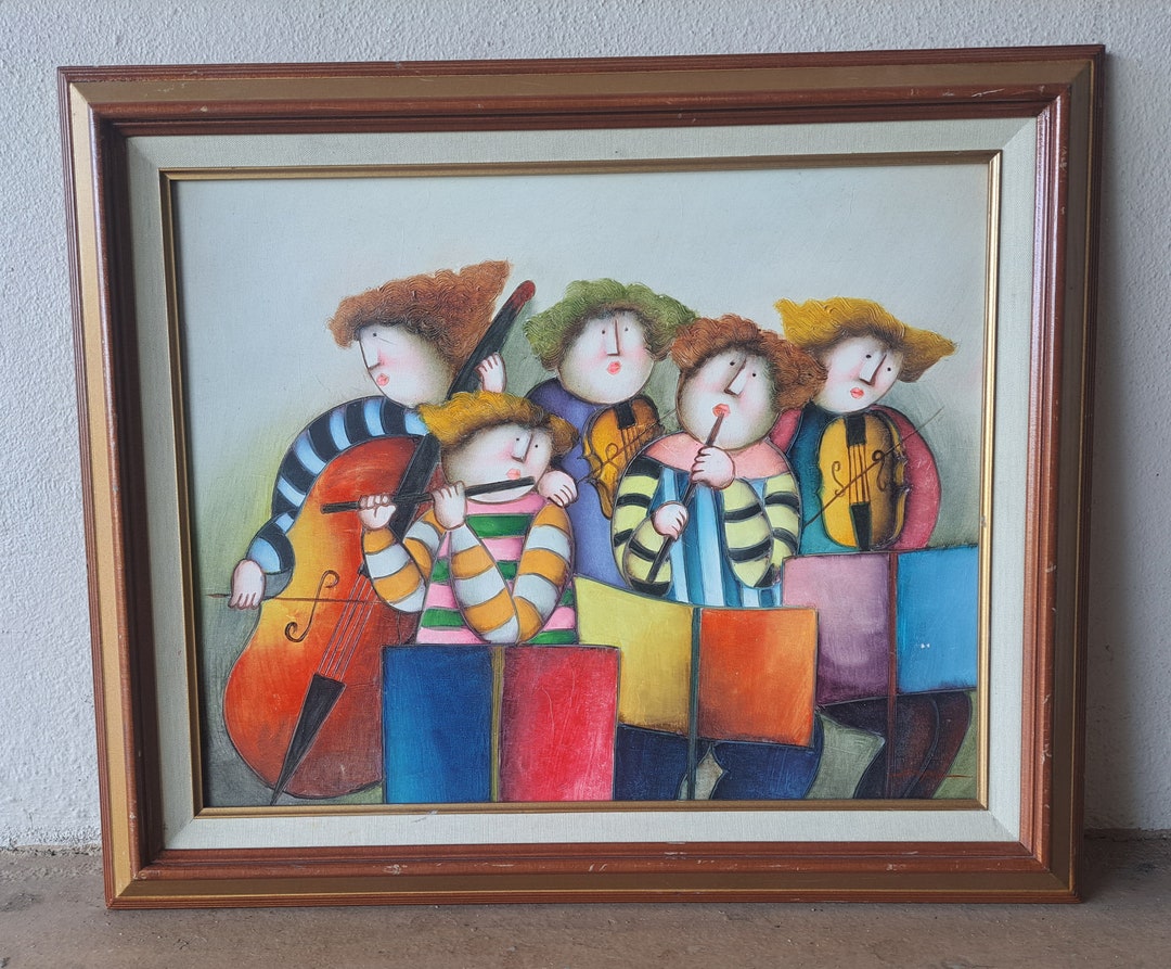 J. Roybal Vintage Painting: Children Playing Flutes, Signed Framed Art ...
