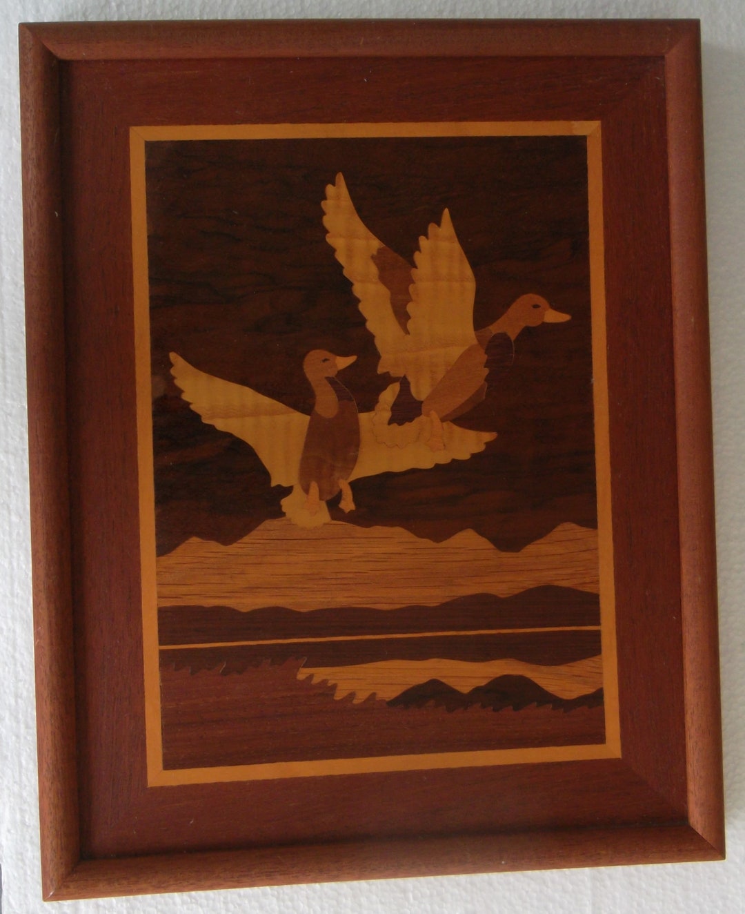 1986 Wood Inlay Marquetry Handcrafted Picture of "birds Flying ...