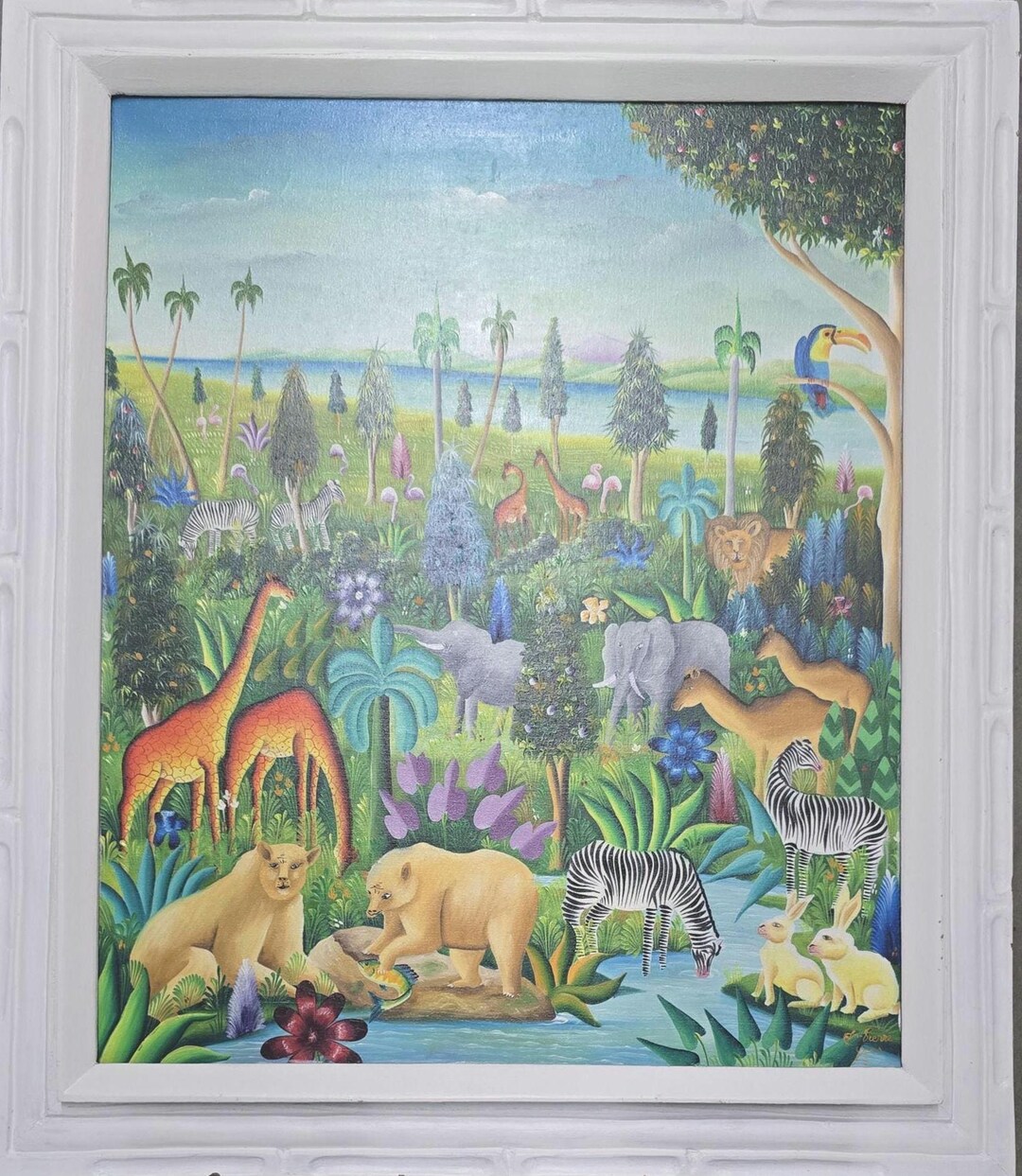 Signed Yves Jean Pierre Naif Folk Art Jungle Animal Oil Painting Haiti ...