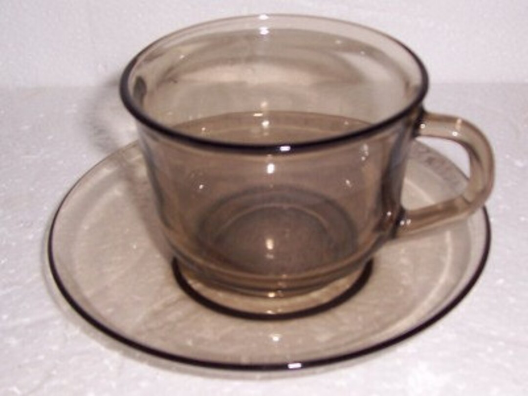 Arcoroc Cup & Saucer Set Tan Brown Color Collectible Glass Made in ...