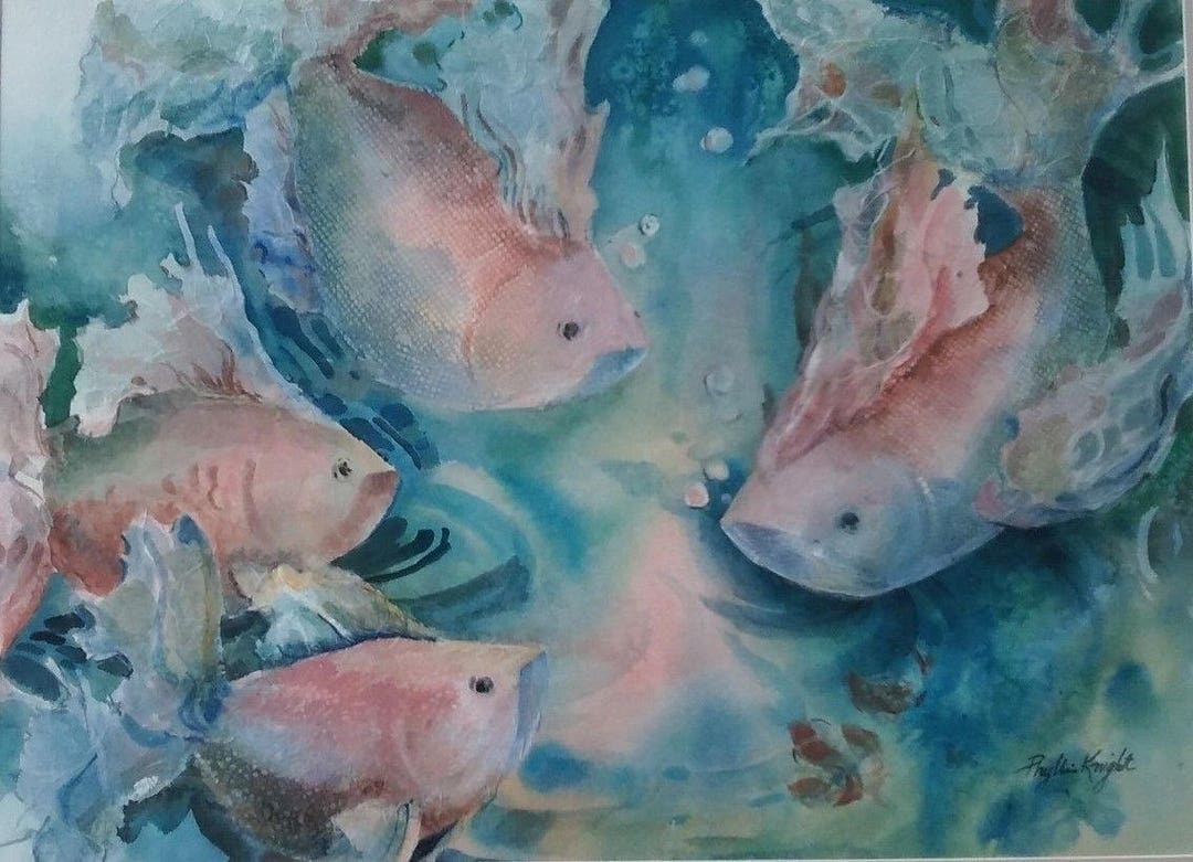 Original & Signed Phyllis Knight Mixed Media Art FISH Collage ...