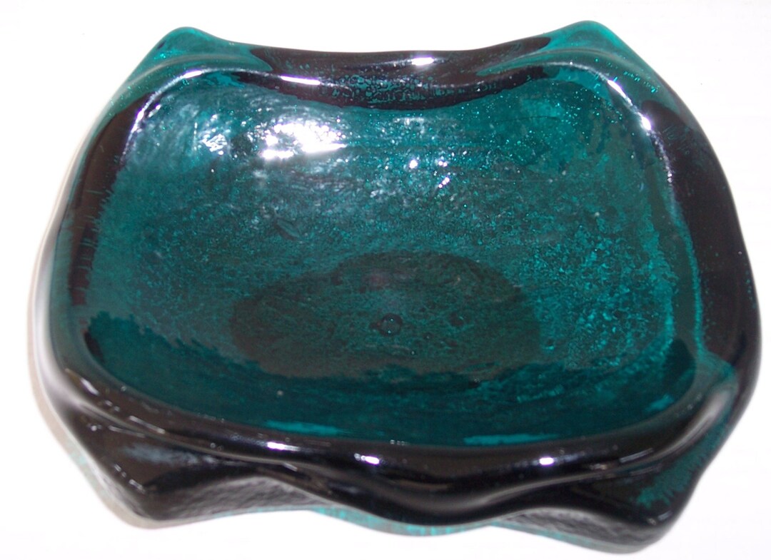 Vintage 1950's Blenko Aqua Green Color Handmade Sculptured Glass Square ...