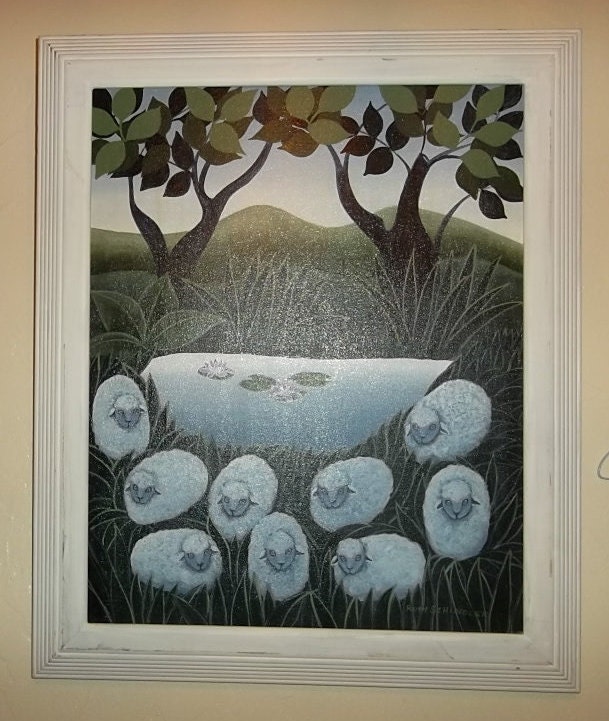 1980's Ruth Schindler Rare Vintage Handpainted Sheep Canvas Painting ...