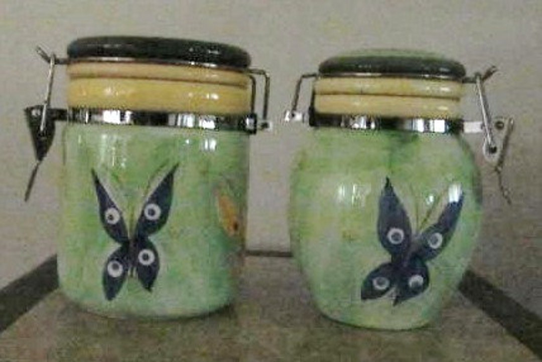 2 Hand Painted & Designed With Butterflies Ceramic Pottery Storage ...