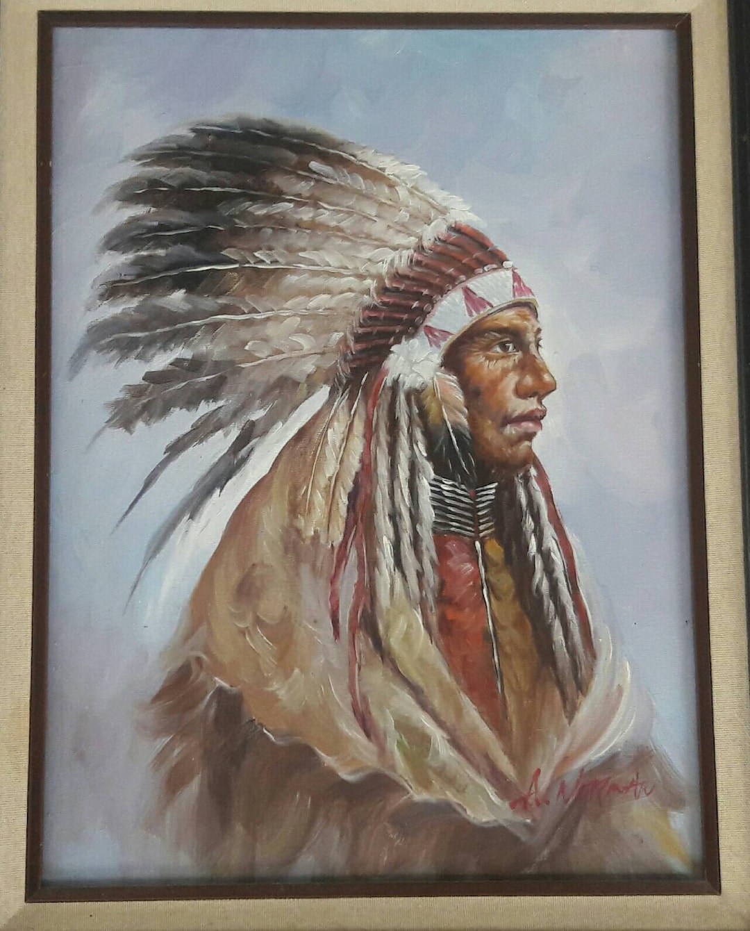 Vintage Native American Indian Chief Acrylic Painting, Signed A. Nerman ...
