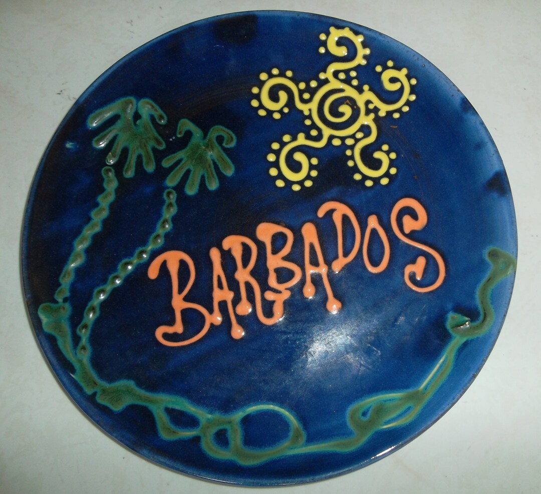Handmade Earthworks Ceramic Plate: Barbados Sun Design, Blue Dinner ...