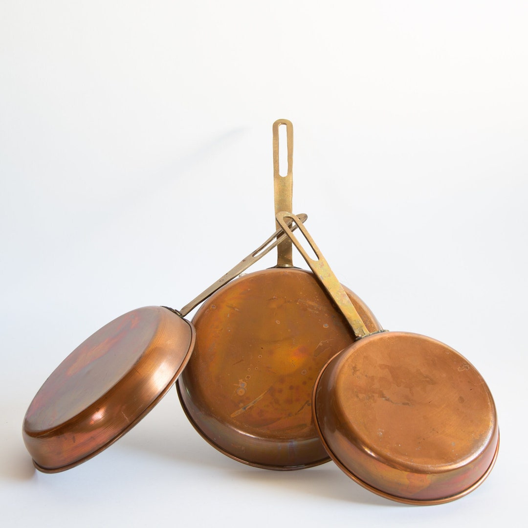Vintage Copper and Brass Sauté Pans | Kitchen Brass Decor | Brass Pans ...