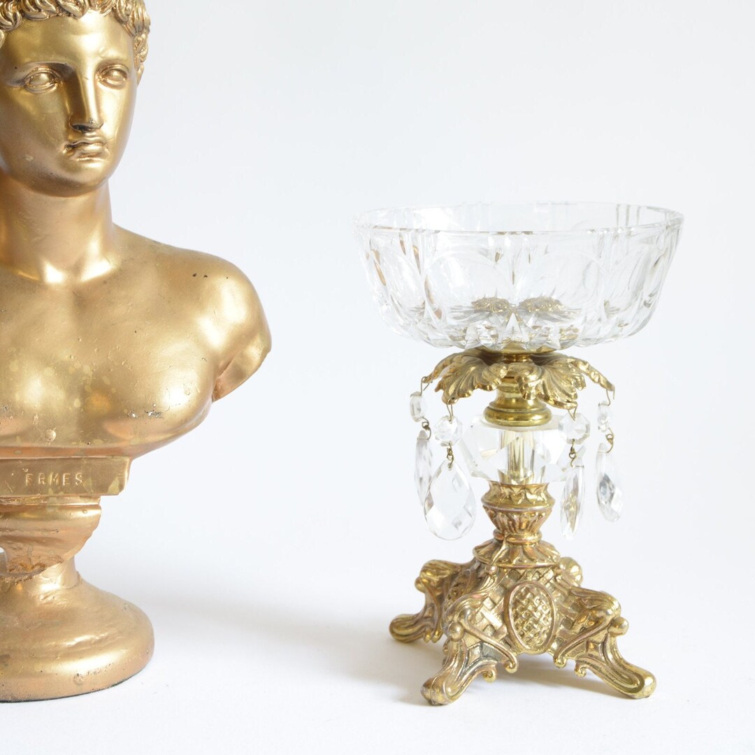 Vintage Brass & Glass Compote With Crystal Drops – Ornate Pedestal Bowl ...