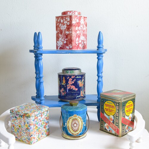 Tins Vintage tall metal blue gold fancy can storage/ decor letting it ...