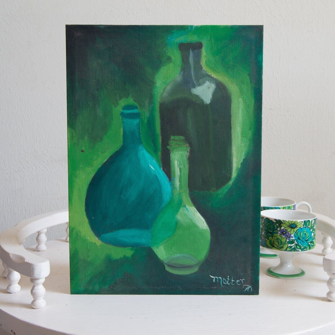 Vintage MOD Still Life Painting – Green Bottles on Green Backdrop (14 ...