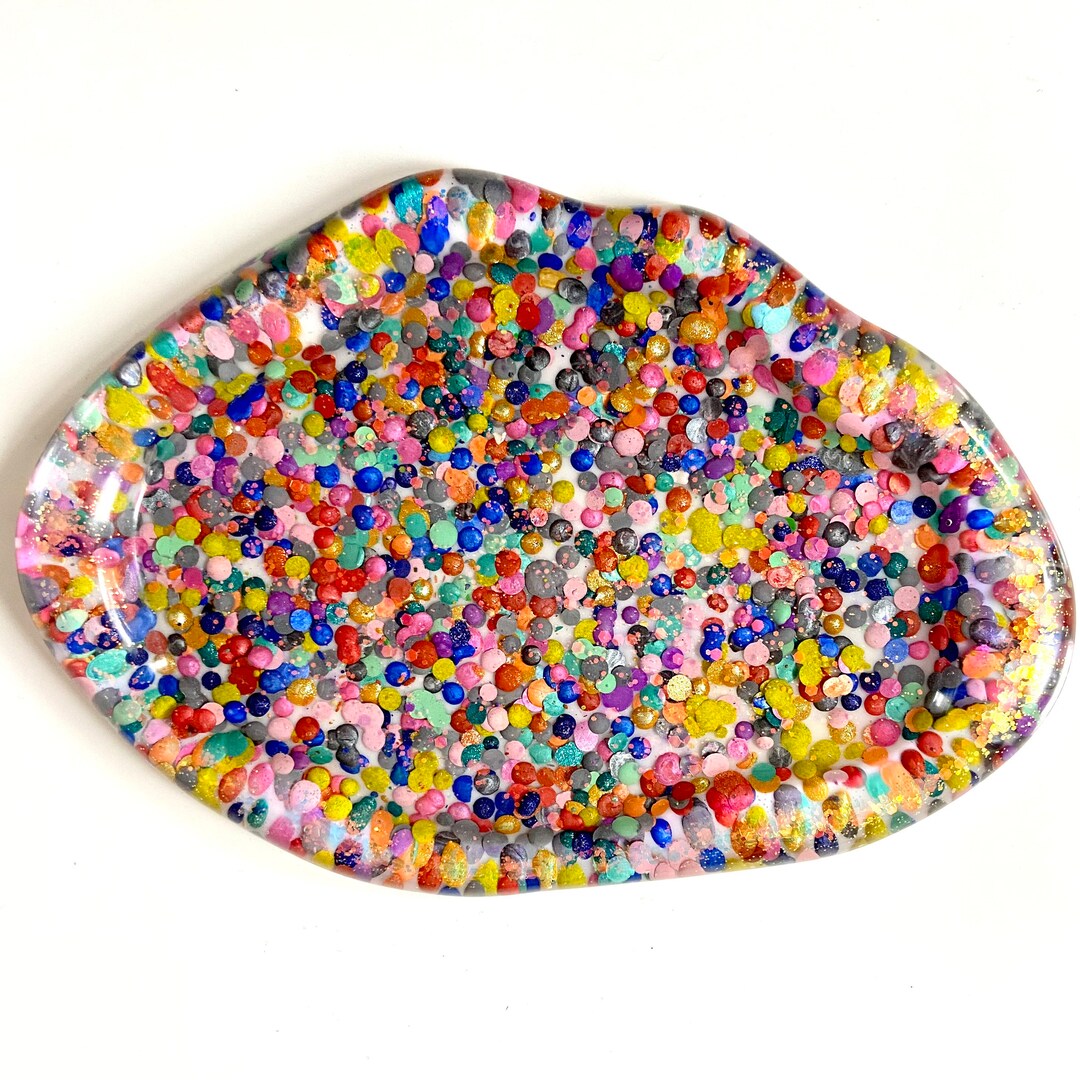 Oval Resin Blob Tray- Multicolor Drippy Dots & Iridescent Glitter/white ...