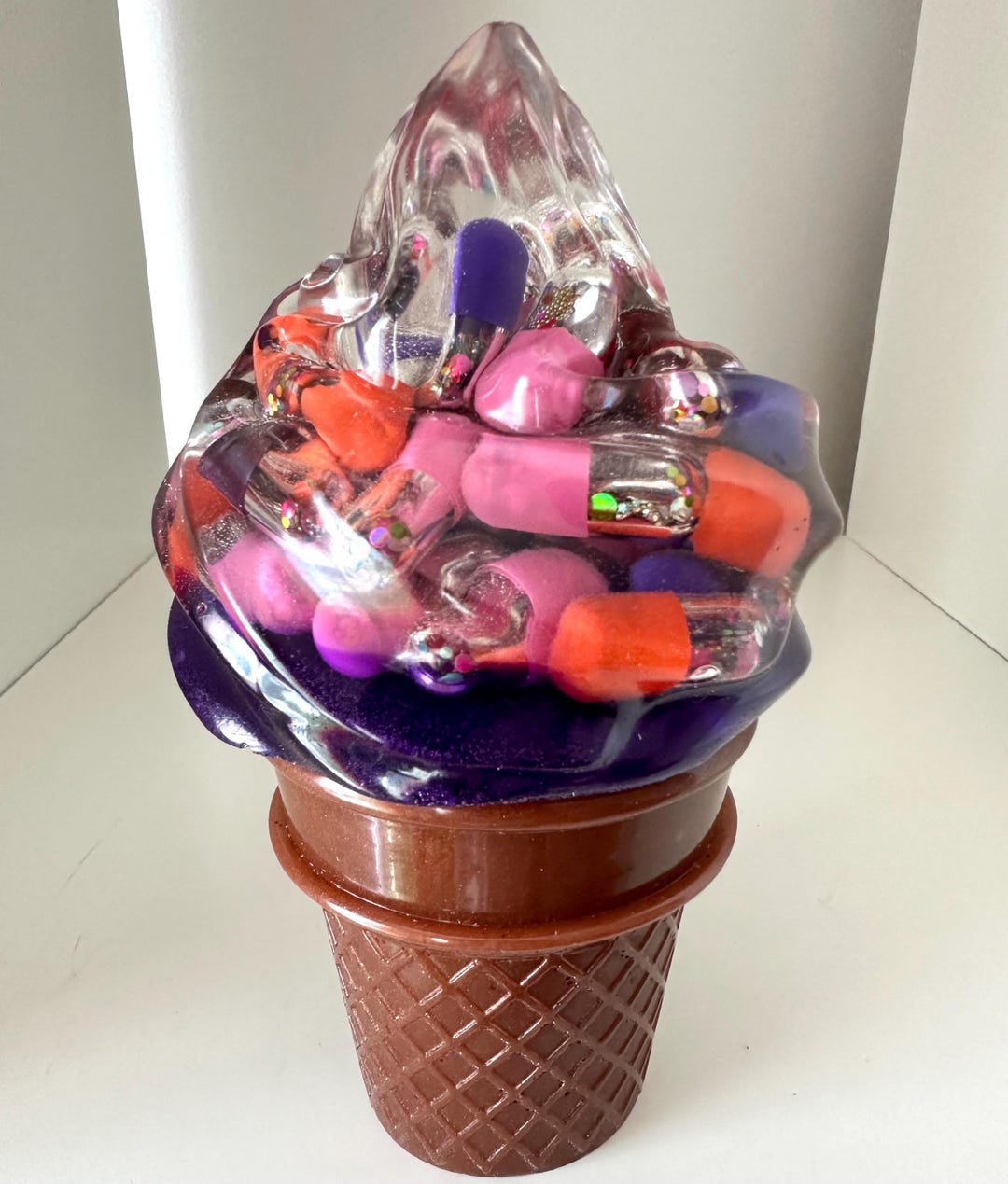Ice Cream Cone Resin Trinket Box Rainbow Glitter/bead Filled Pill ...