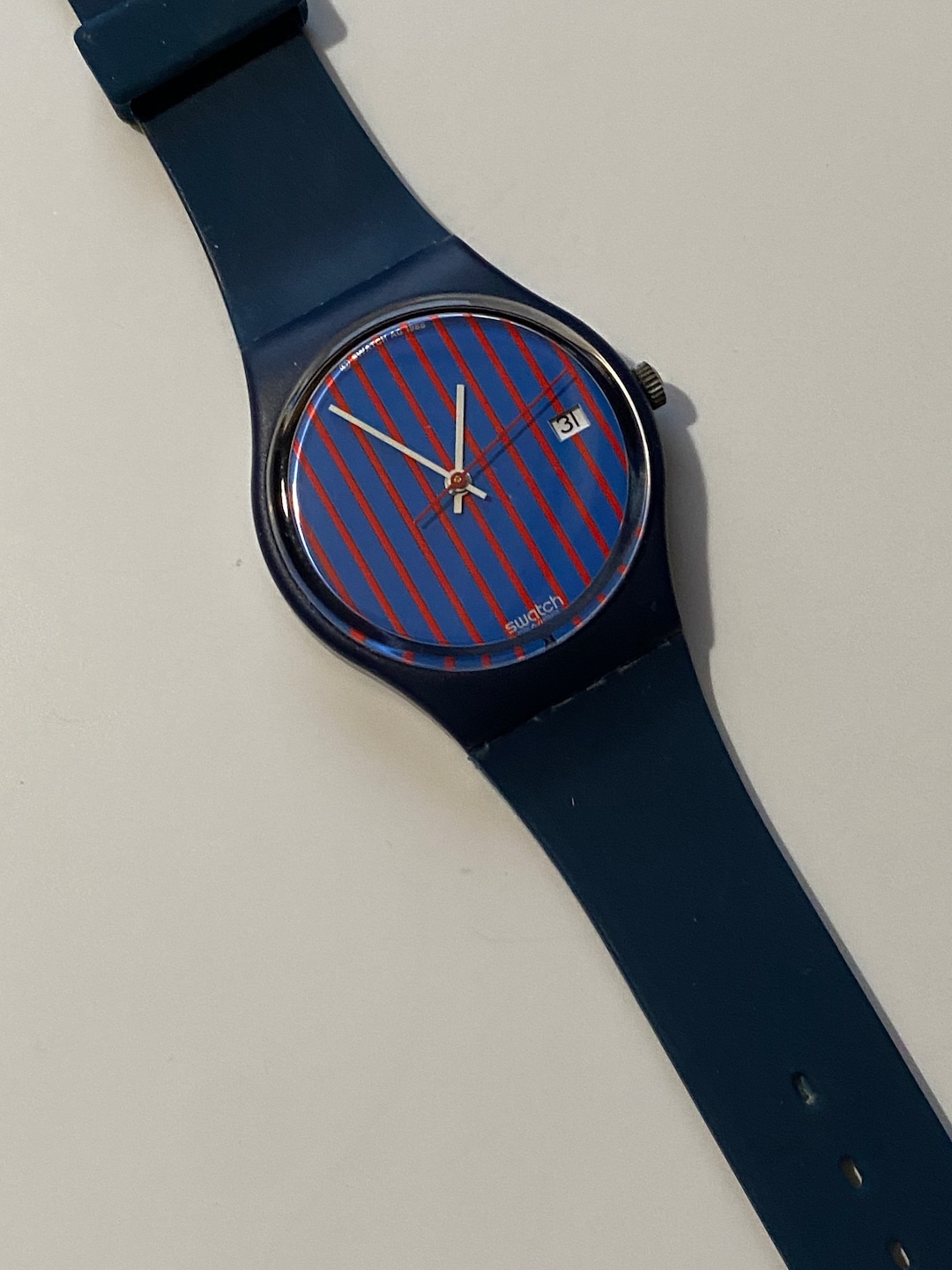 New Swatch Watch Vintage 1986 BLUE NOTE-GI400 Date Striped Rare Running ...