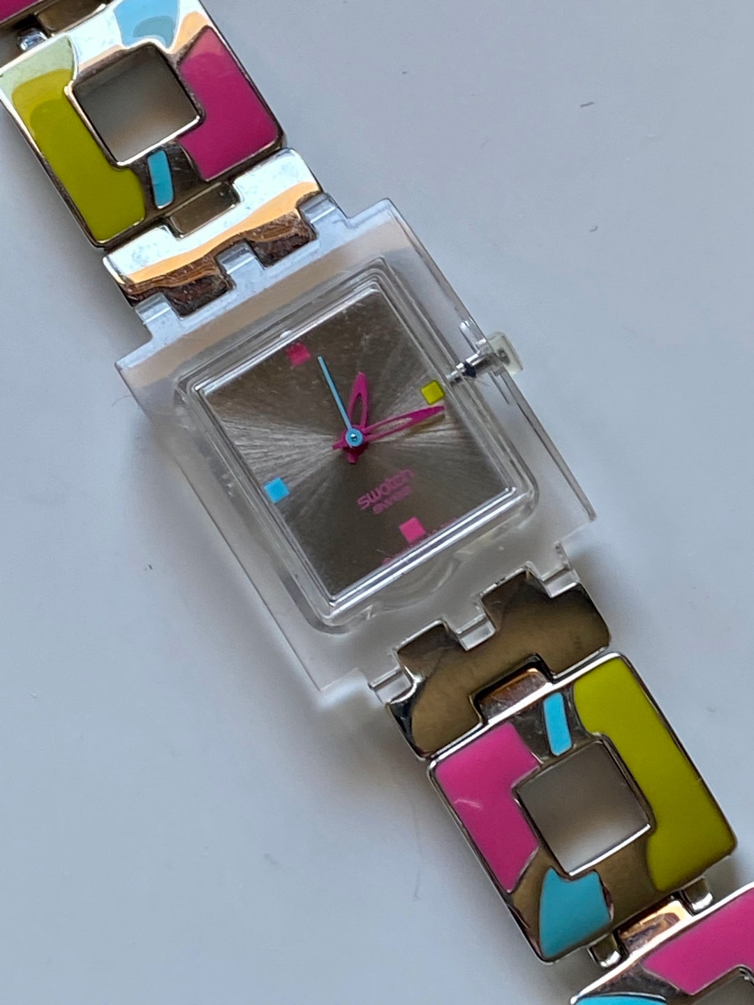 Swatch Watch Square Hot Batik Green Gorgeous Stainless Steel Neon Pink ...