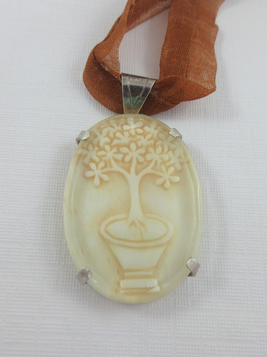 Janice Lee Ripley Sterling Silver Ox Bone Floral Cameo Pendant W. Brown ...