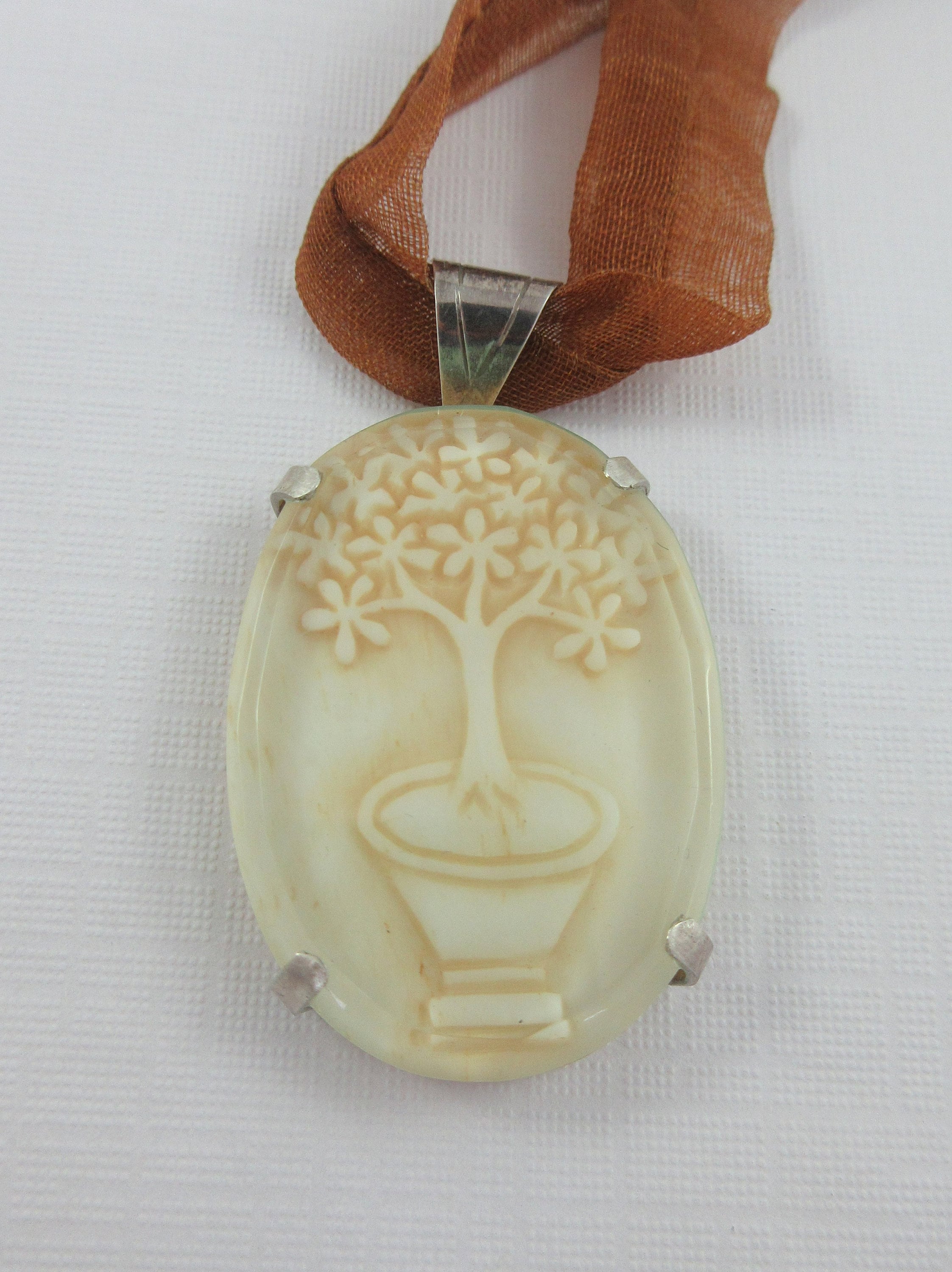 Janice Lee Ripley Sterling Silver Ox Bone Floral Cameo Pendant W. Brown ...