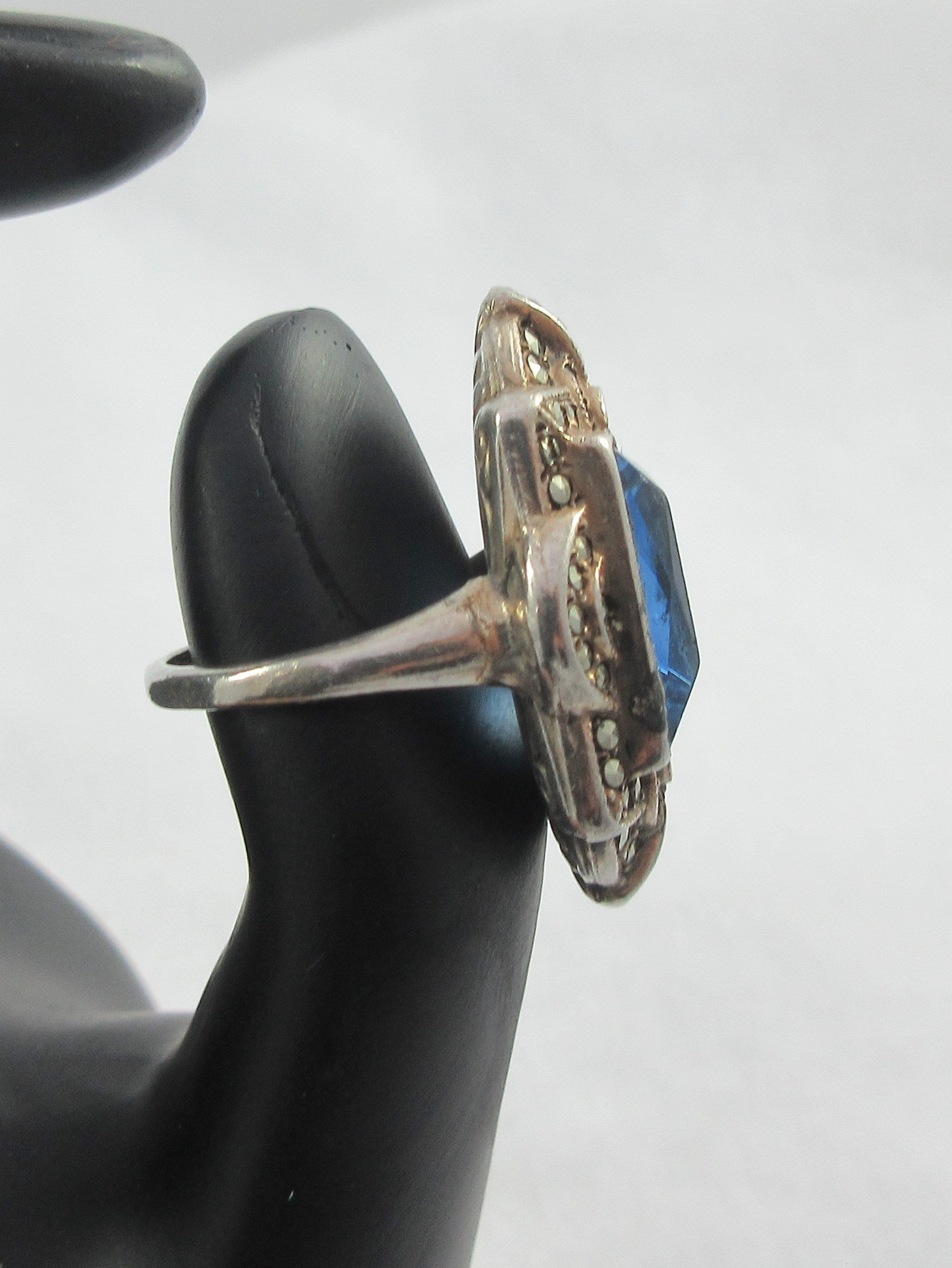 Signed UNCAS Art Deco Sterling Silver Marcasite Blue Glass Ring- Size 5 ...