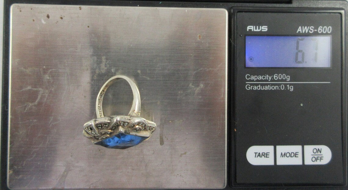 Signed UNCAS Art Deco Sterling Silver Marcasite Blue Glass Ring- Size 5 ...