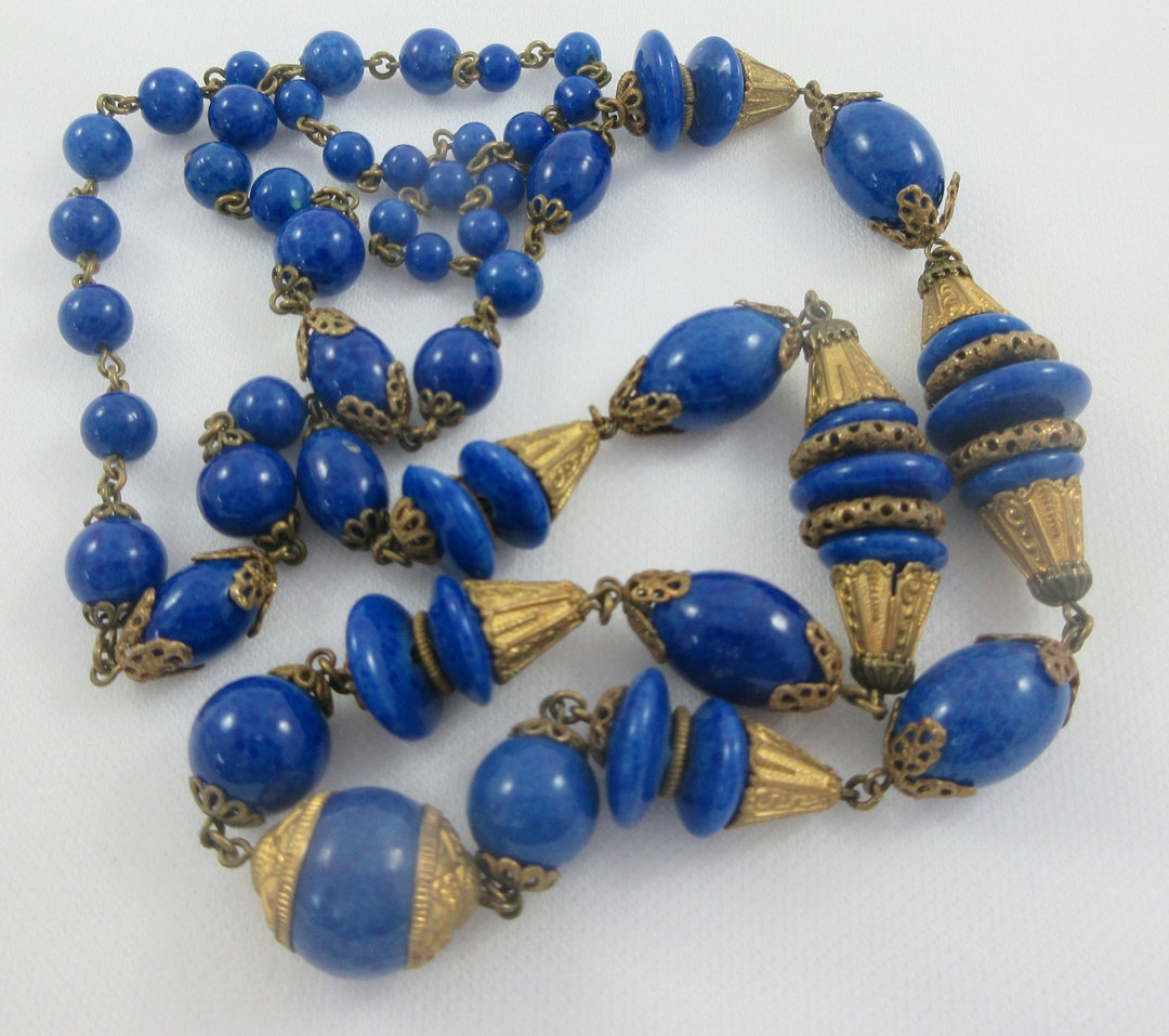Uncleaned Neiger Gold Tone Filigree Beads Blue Speckled Glass Necklace ...