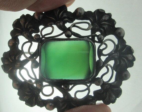 Art Nouveau Sterling Silver Chrysoprase Floral Brooch… - Gem Art Nouveau Sterling Silver Chrysoprase Floral Brooch… - Gem