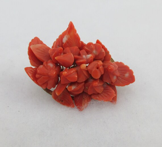 Victorian Carved Red Coral Flowers Leaves Brooch - Gem