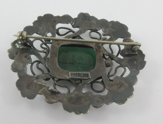 Art Nouveau Sterling Silver Chrysoprase Floral Brooch… - Gem Art Nouveau Sterling Silver Chrysoprase Floral Brooch… - Gem