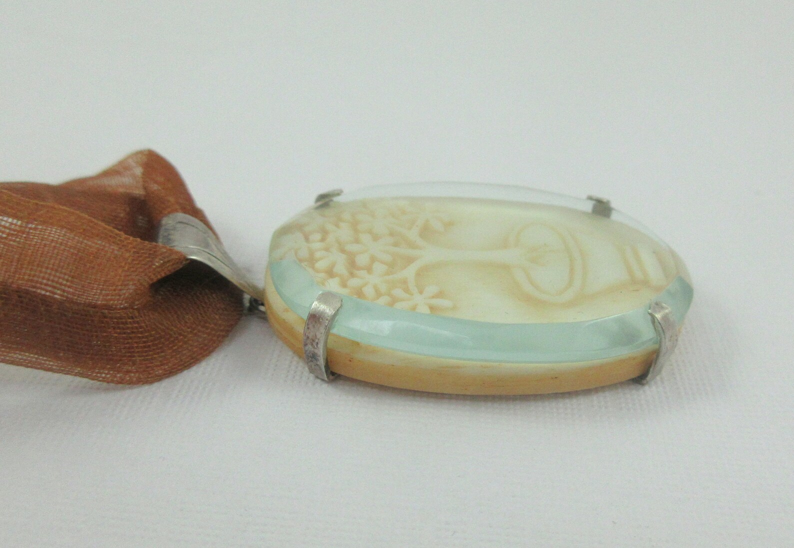 Janice Lee Ripley Sterling Silver Ox Bone Floral Cameo Pendant W. Brown ...